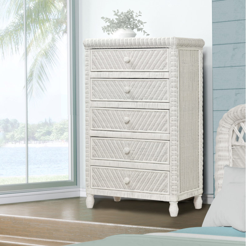 Alica Wicker Ratton White Washed 5 Drawer 32 W Chest Coastal Style with Glass Top